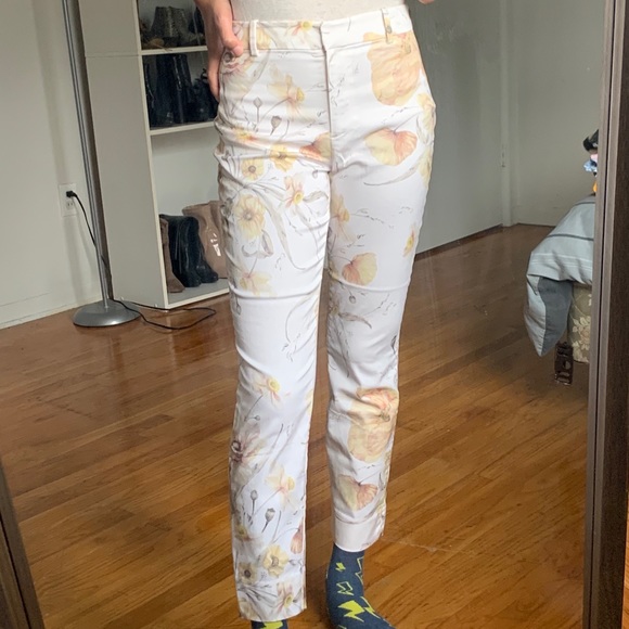 H&M | Pants & Jumpsuits | Hm Cream And Yellow Floral Pants | Poshmark
